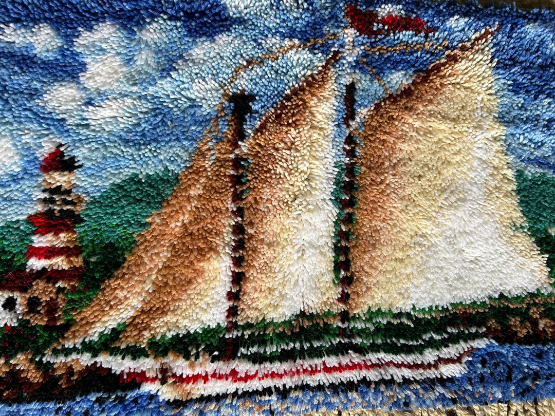 Nautical Ship and Lighthouse Latch Hook Rug Vintage Coastal Wallhanging ...