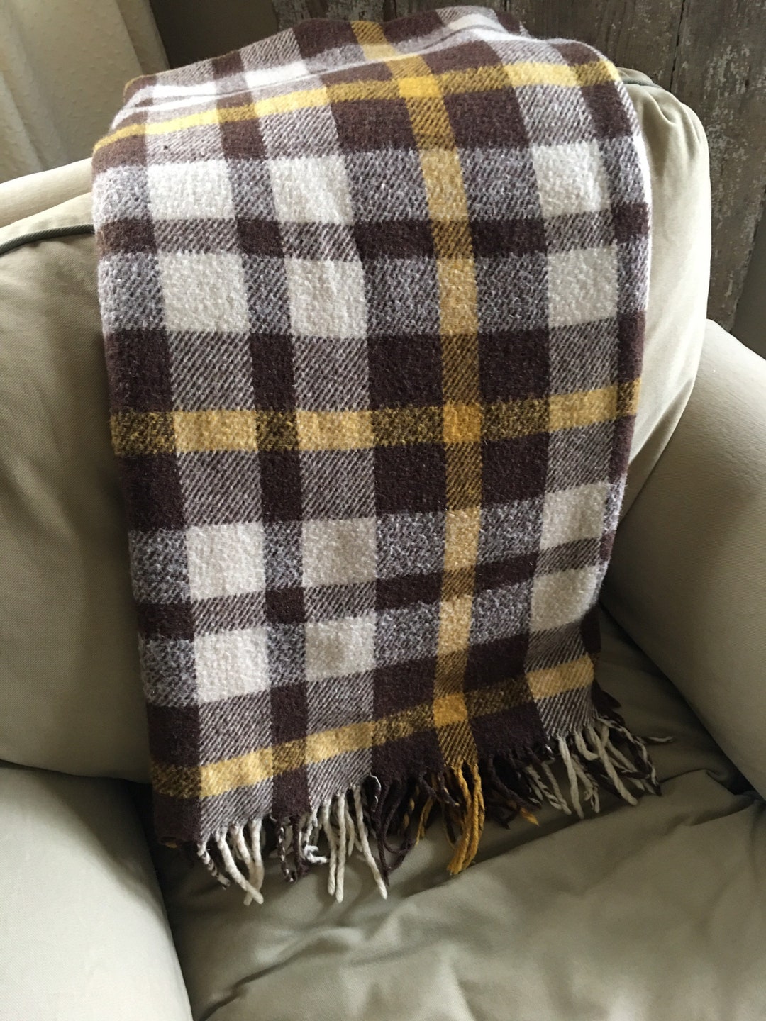 Vintage Plaid Blanket Plaid Throw With Fringe Cabin Decor Camping ...
