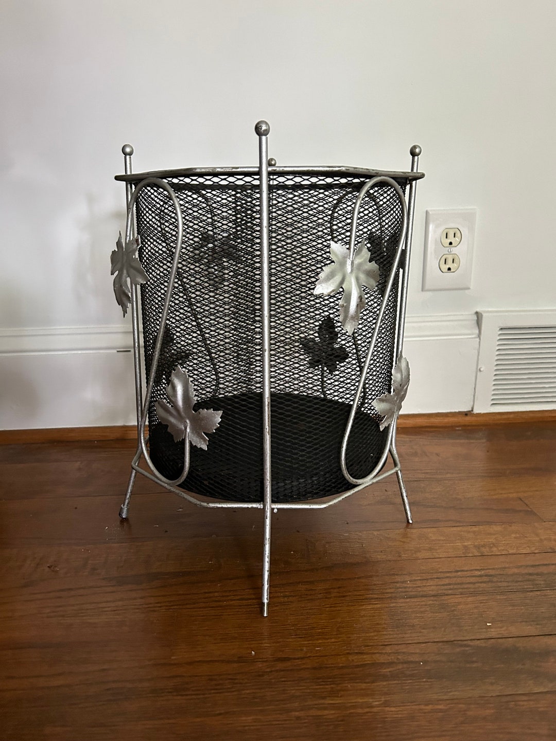 MCM Mesh Waste Basket Filigree Metal Black Silver Leaf Hollywood ...