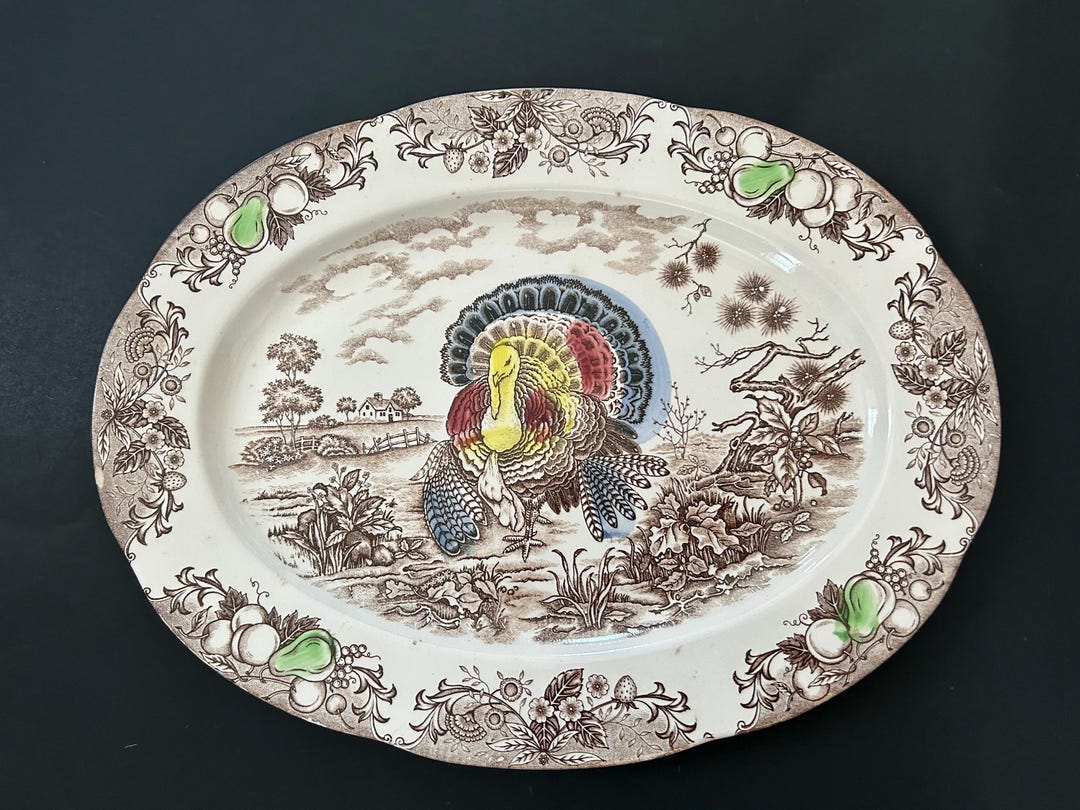 Vintage Large Turkey Platter Transferware Serving Dish Brown With Green ...