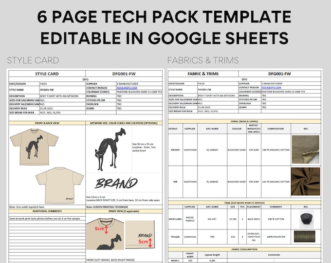 Clothing Tech Pack Template Google Sheet and Excel, PDF Printable DIY ...