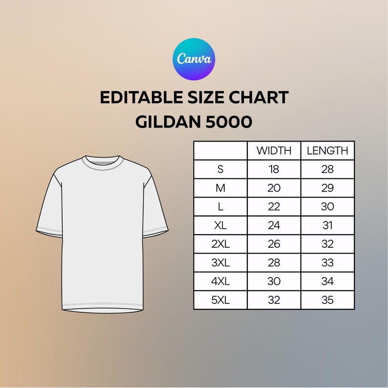 Editable Size Chart for Gildan 5000, Canva Editable and Downloadable ...