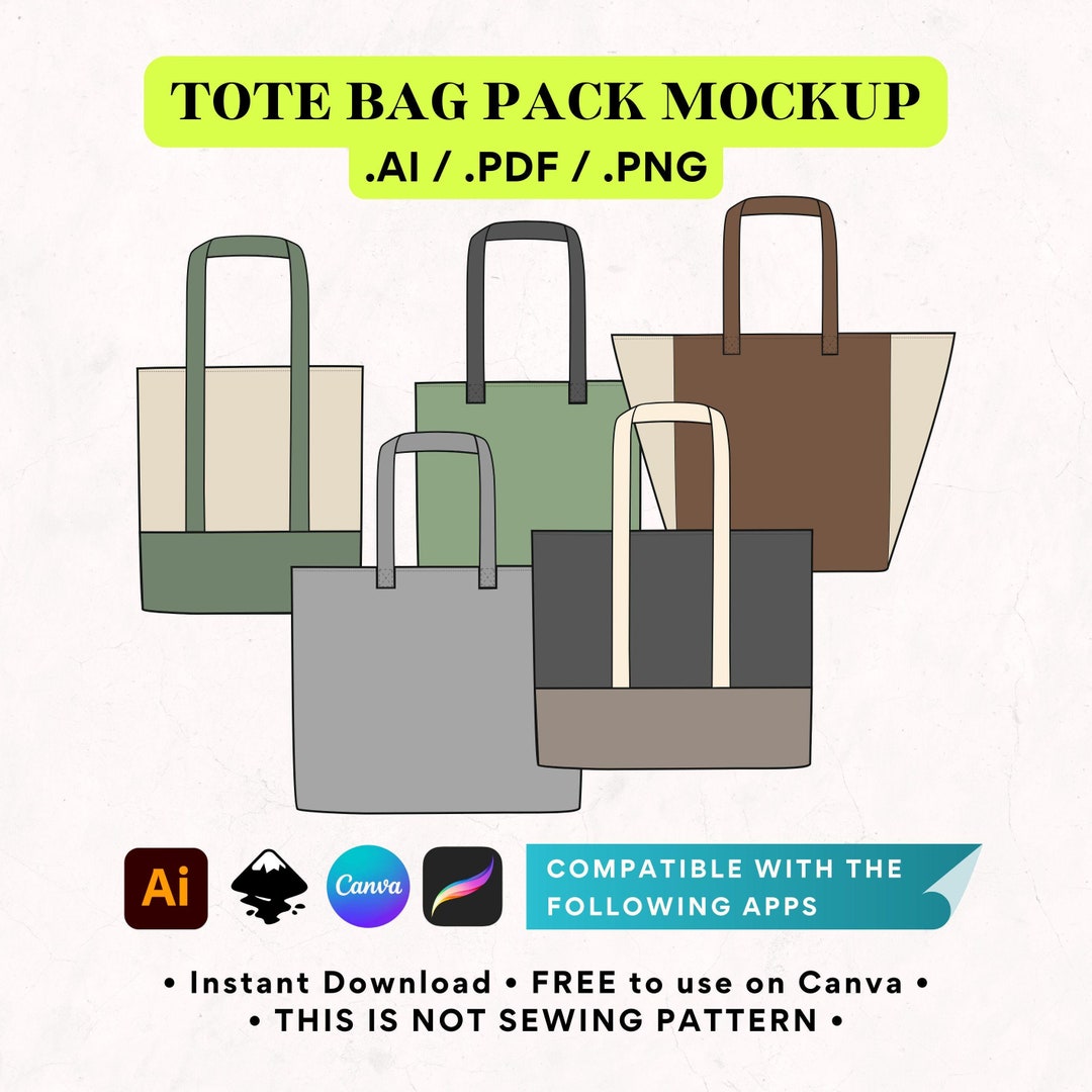 Tote Bag Vector Canva Custom Mockup Pack, Bag Drawing Bundle ...