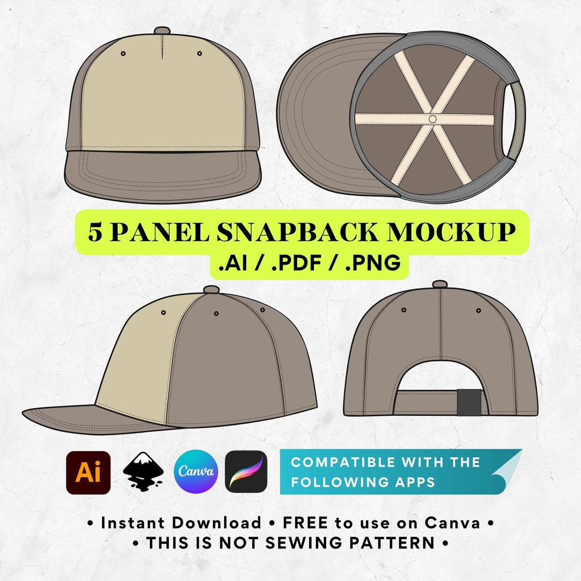 5 Panel Snapback Mockup Canva Template DIY, Flat Brim Cap Unisex ...