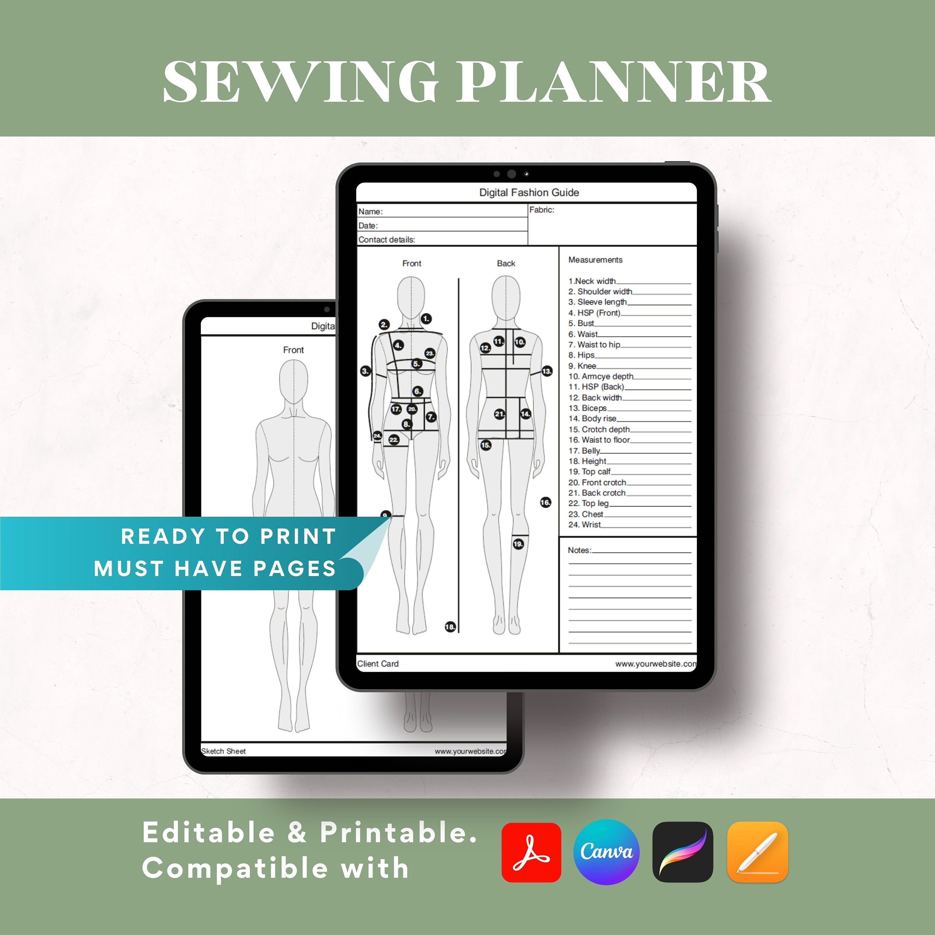 Printable Body Size Chart Planner, Seamstress Digital Organizer, Sewing ...