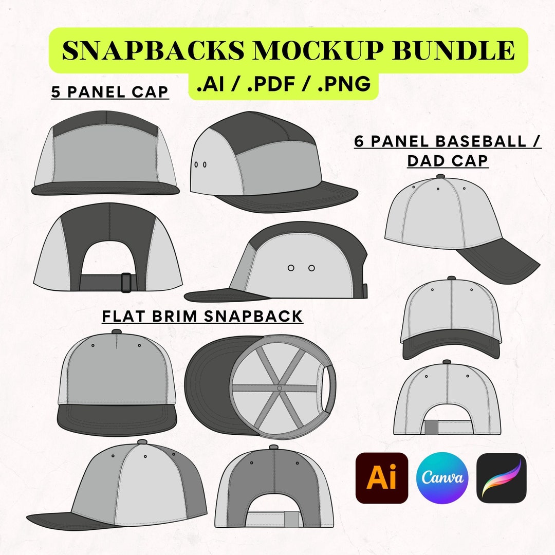 Snapback Mockup BUNDLE Canva Template DIY, Cap Vector for Illustrator ...