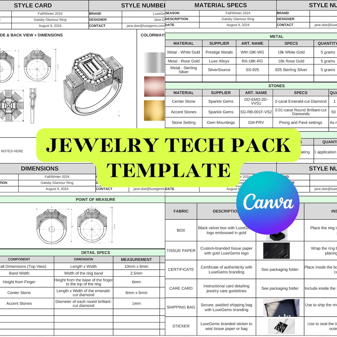 Jewelry Tech Pack Canva Template DIY, Accessories Tech Pack Cheat Sheet ...