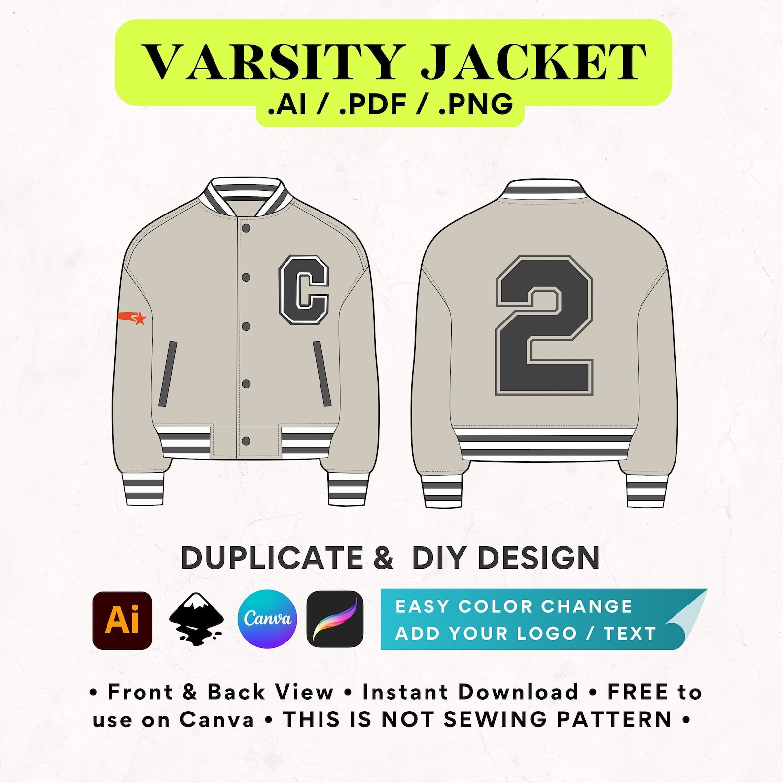 Streetwear Varsity Jacket Canva Template and Vector Mockup, Fully ...