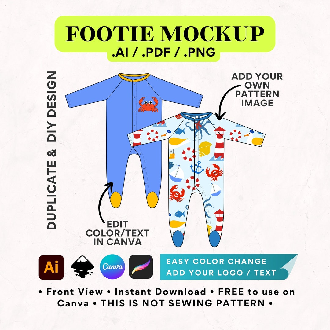 Footie Pajamas Canva Template, Pjs Mock Up, Baby Kids Footie Vector ...