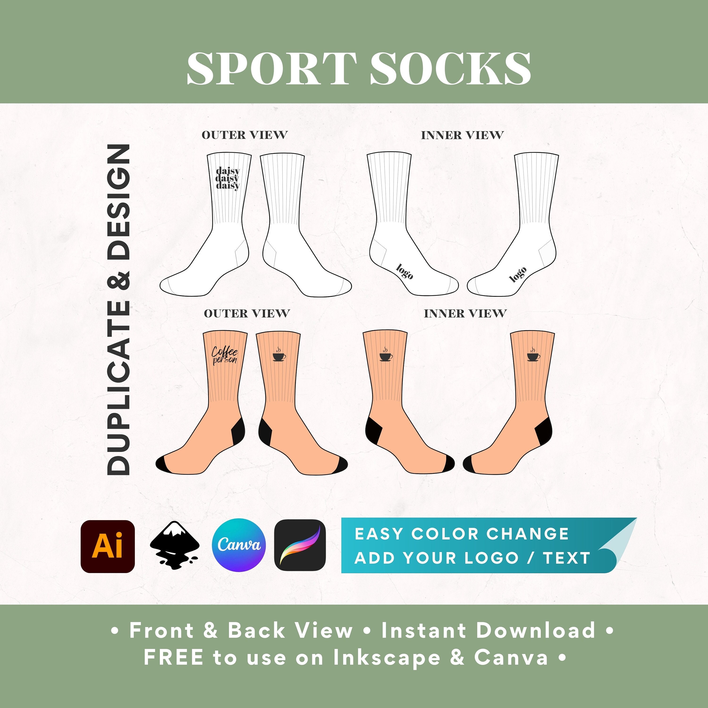 Sport Socks Vector Template Mockup, Editable Canva Socks, DIY Socks ...