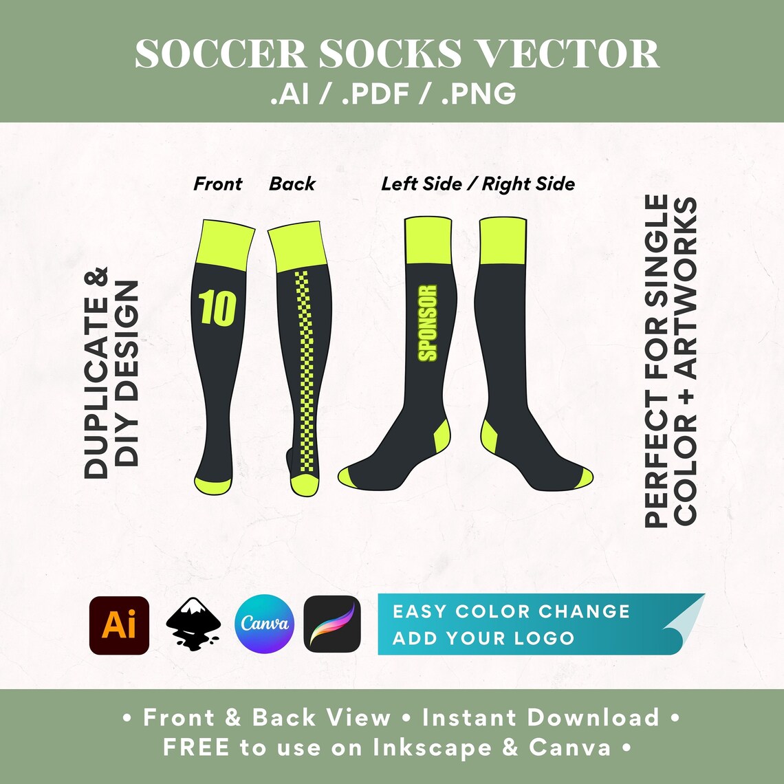 Soccer Socks DIY Canva Mockup Sport Socks Vector Digital Clothing ...