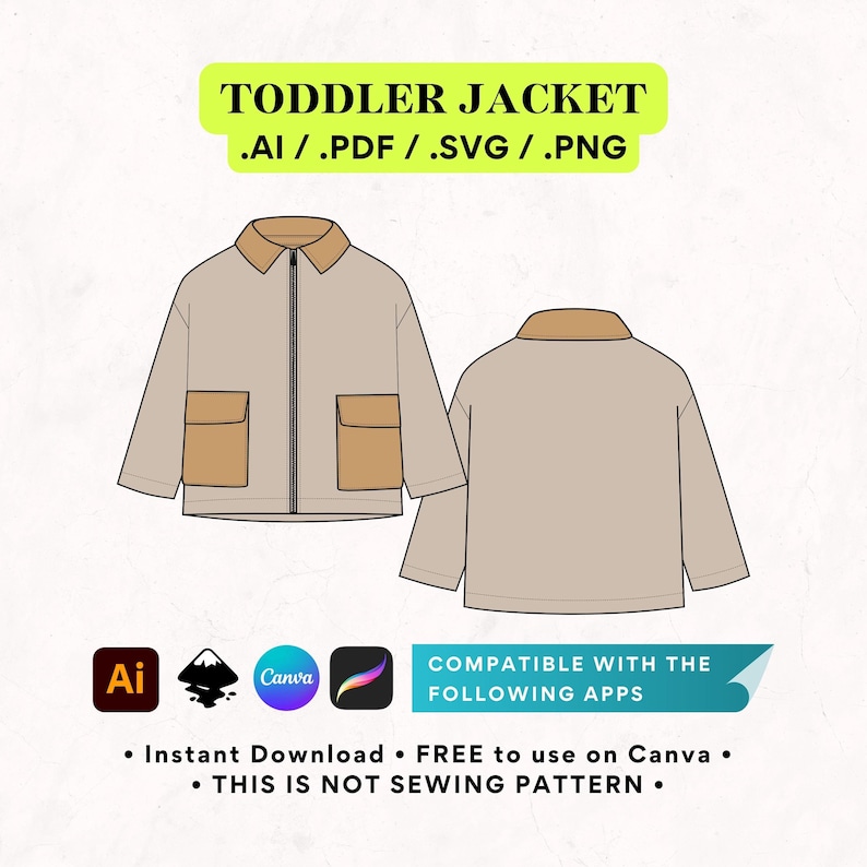Kids Jacket Vector Mockup Canva Template, Toddler Coat Flat CAD ...