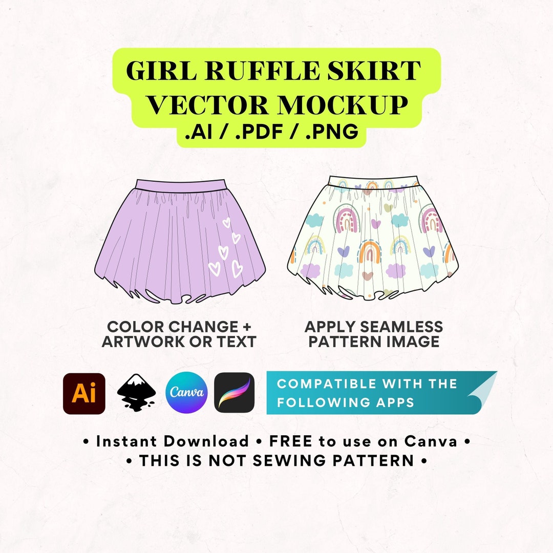 Girl Ruffle Skirt Canva Template Mockup, Girls Clothing Flat CAD, Bottom Scrunch Vector Editable ...