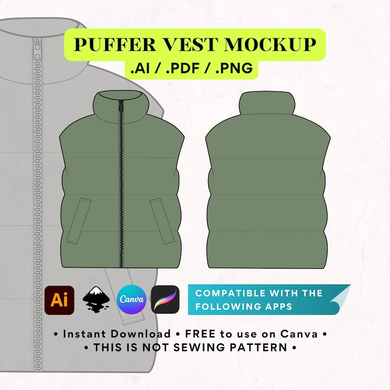 Puffer Vest Canva Template, Streetwear Vector Mockup, Padded Gilet ...