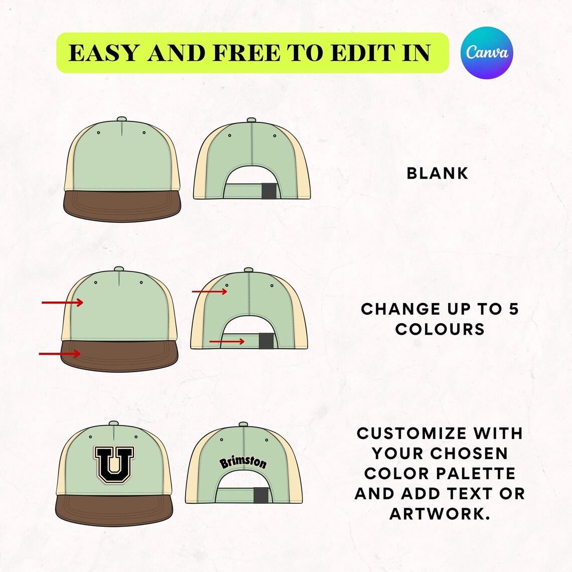 5 Panel Snapback Mockup Canva Template DIY, Flat Brim Cap Unisex ...