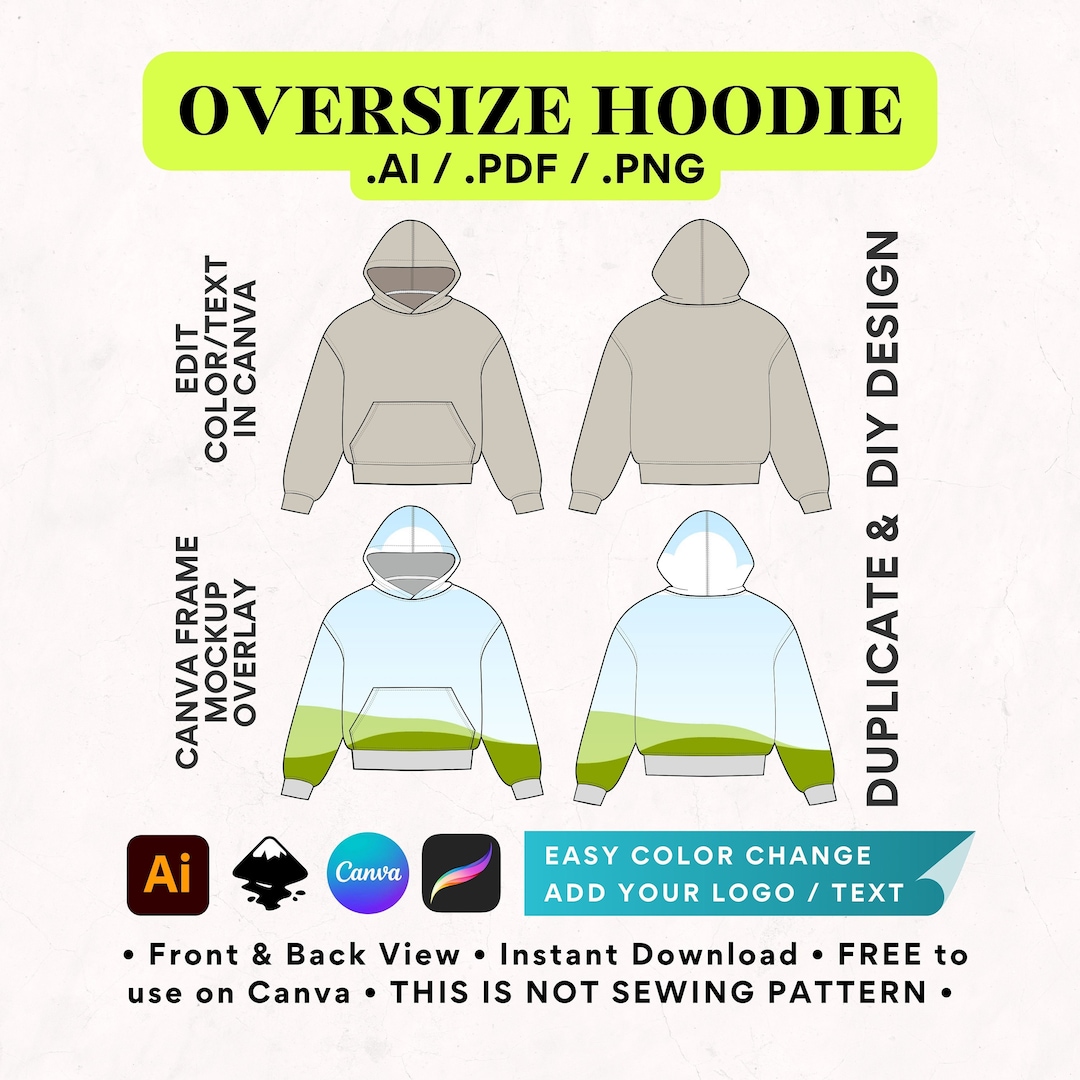 Streetwear Oversize Unisex Hoodie Canva Template and Frame, Hoodie ...
