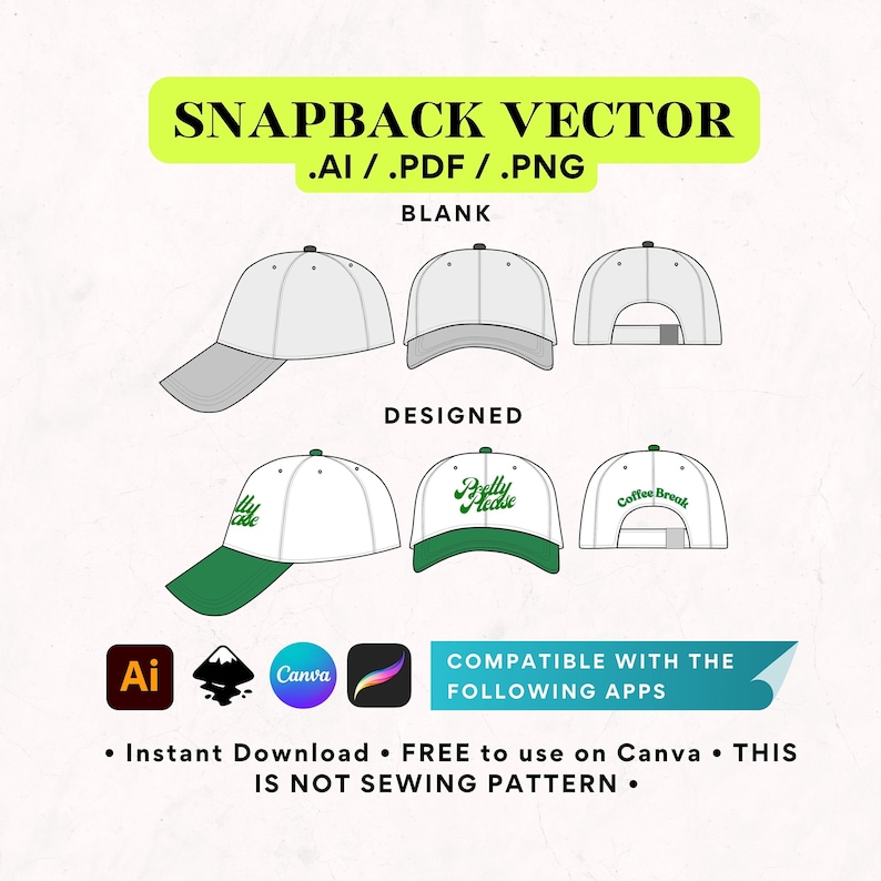 6 Panel Baseball Cap Canva DIY Mockup, Flat CAD Vector for Illustrator ...