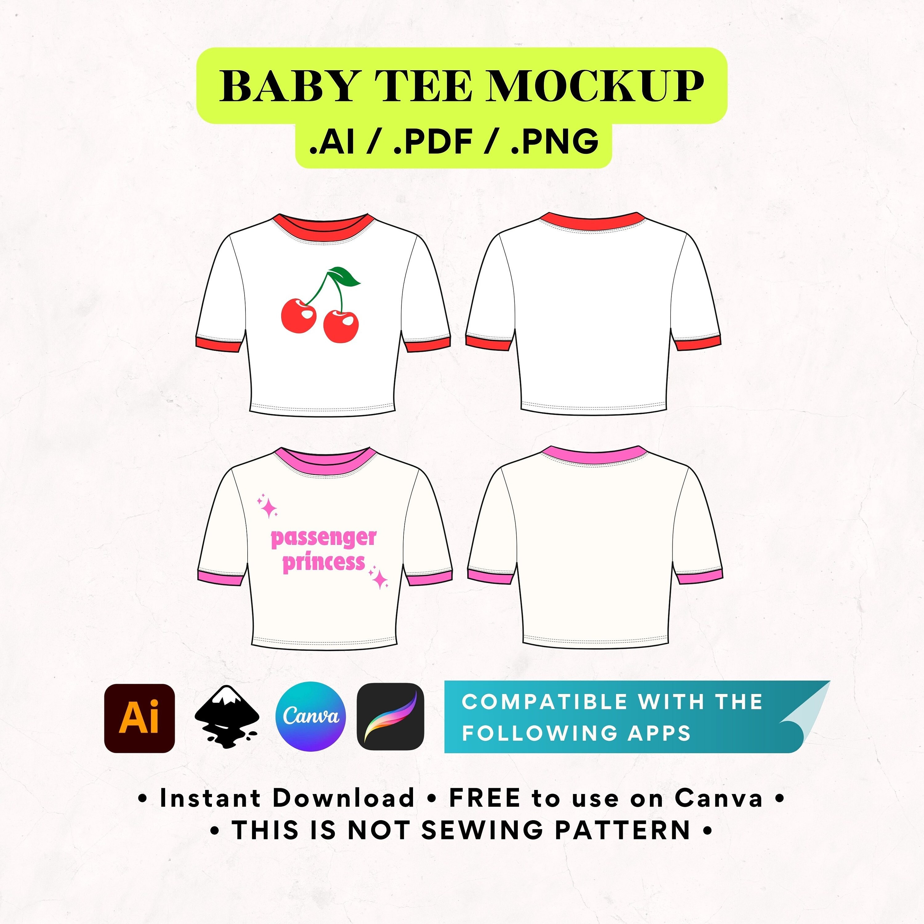 Crop Tee Template, Baby Tee Vector Illustrator, Crop Top Canva Mockup ...