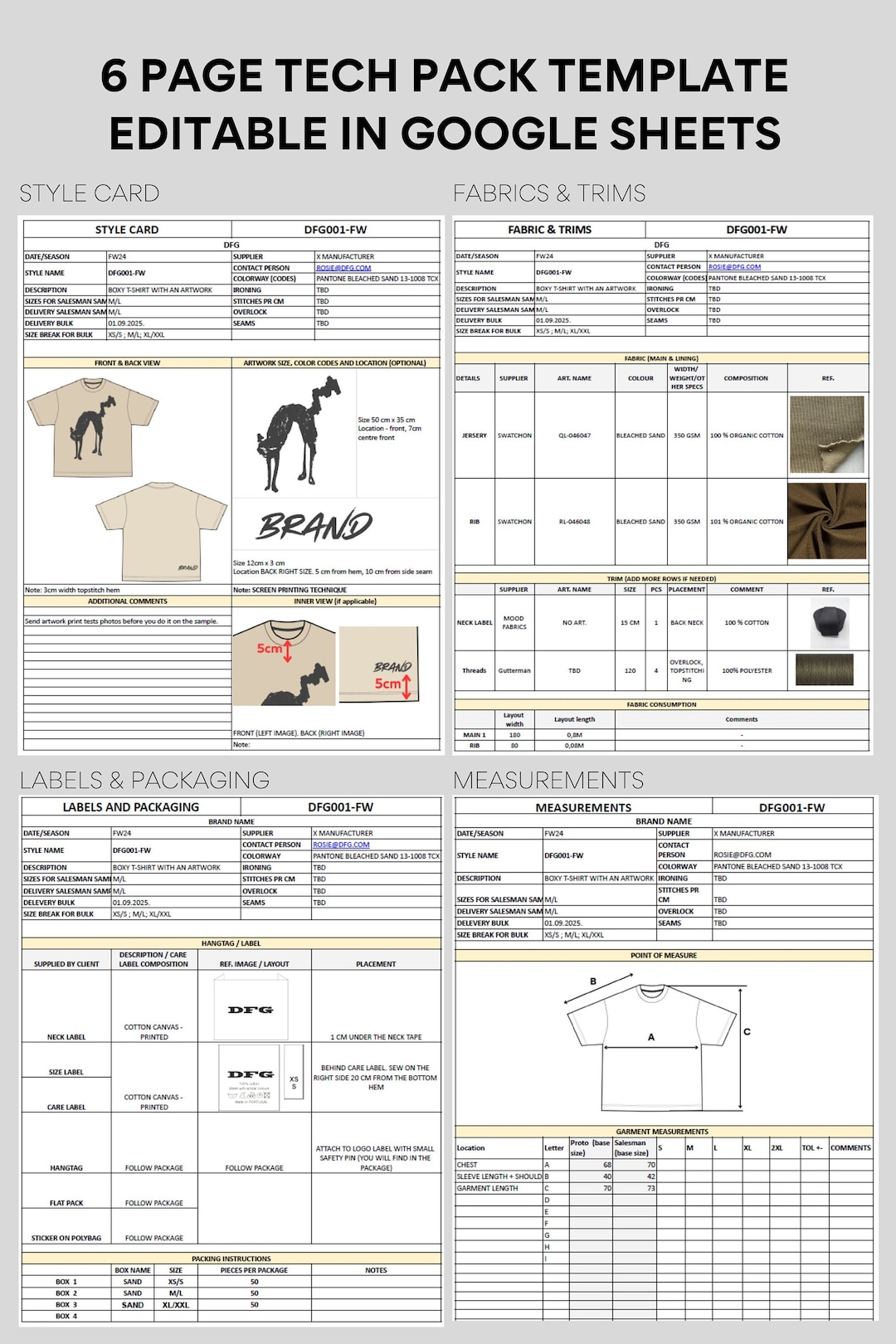 Clothing Tech Pack Template Google Sheet and Excel, PDF Printable DIY ...