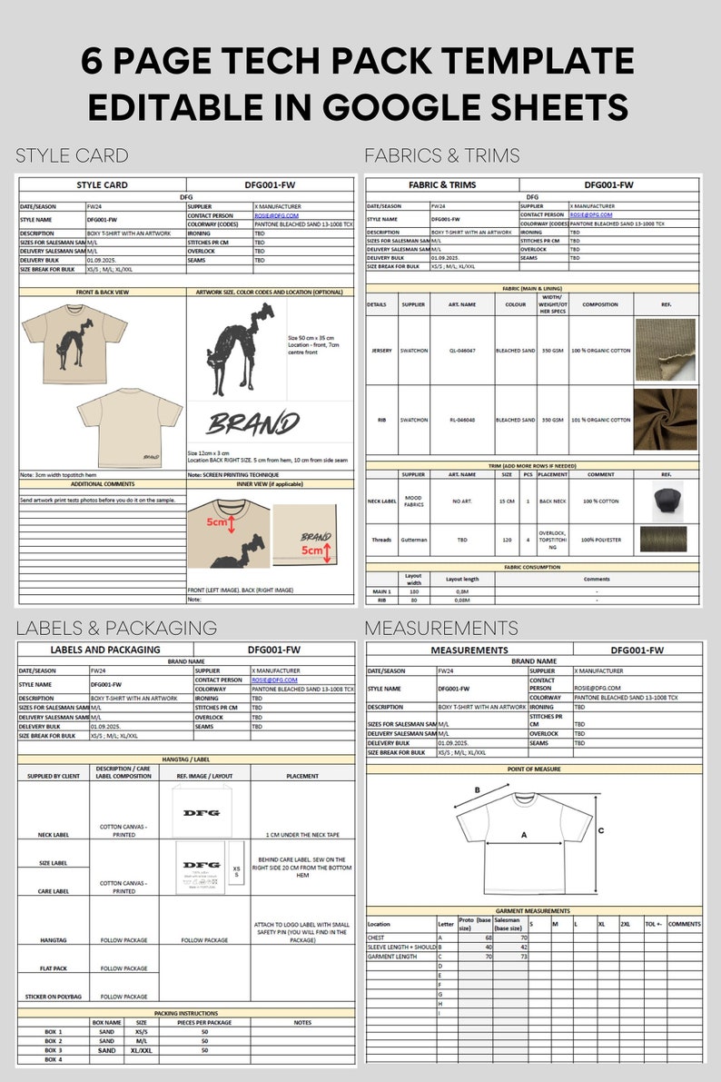 Clothing Tech Pack Template Google Sheet and Excel, PDF Printable DIY ...