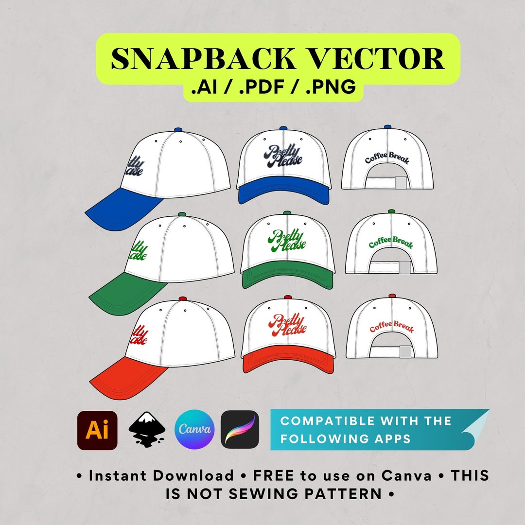 Snapback Canva Template DIY Mockup, Flat CAD Vector for Illustrator ...
