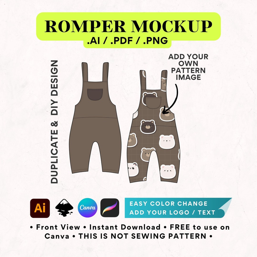 Baby Romper Canva Template Mockup, Baby Dungarees Flat CAD, Kids ...