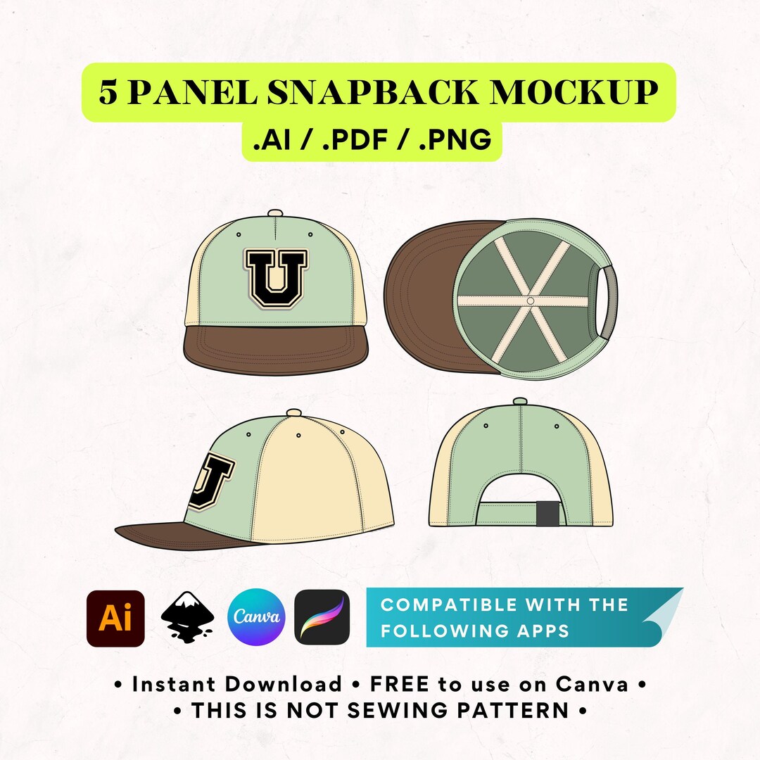5 Panel Snapback Mockup Canva Template DIY, Flat Brim Cap Unisex ...