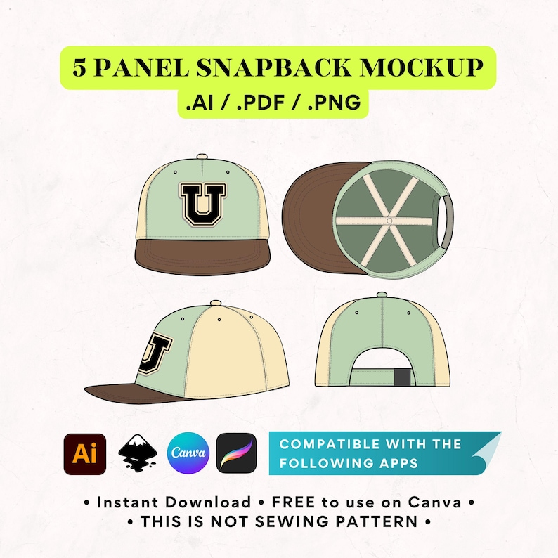 5 Panel Snapback Mockup Canva Template DIY, Flat Brim Cap Unisex ...