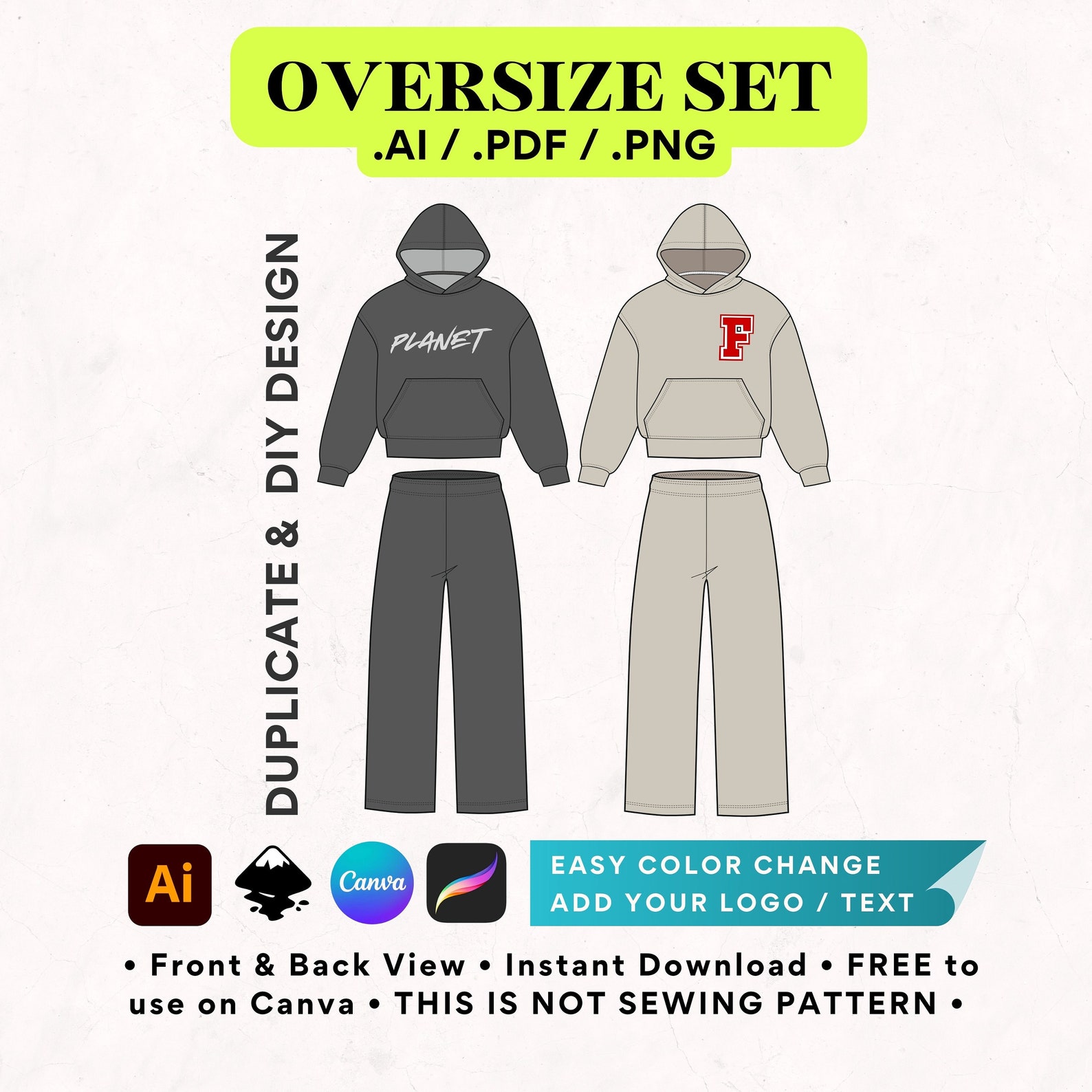 Streetwear Oversize Hoodie Set Canva Template, Flared Joggers Vector ...