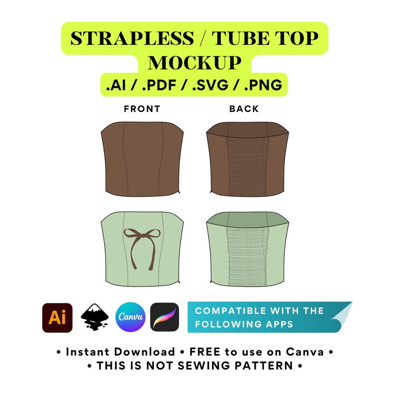 Strapless Tube Top Vector Mockup Canva Template, Crop Top Illustrator ...