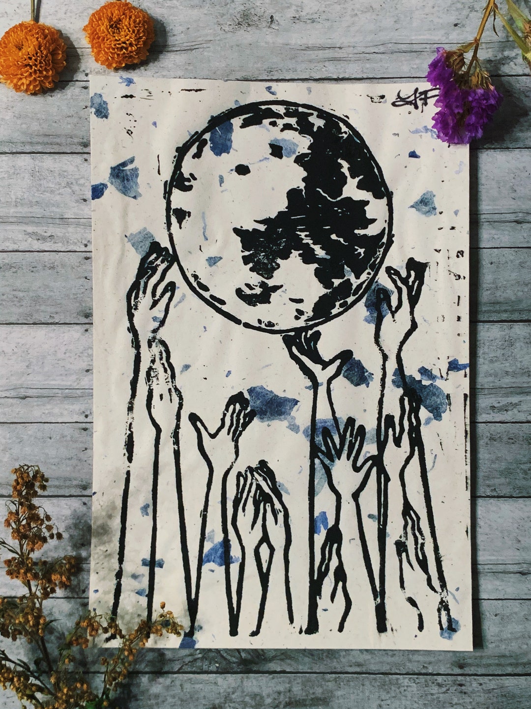 Moon People. Linocut Print Art - Etsy