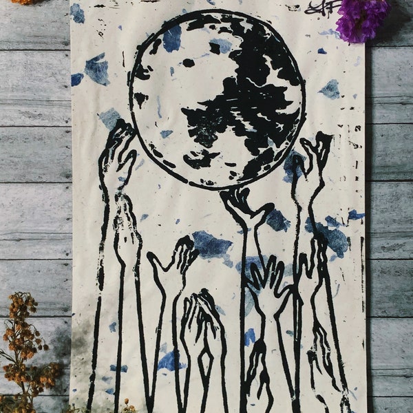 Linocut Moon - Etsy
