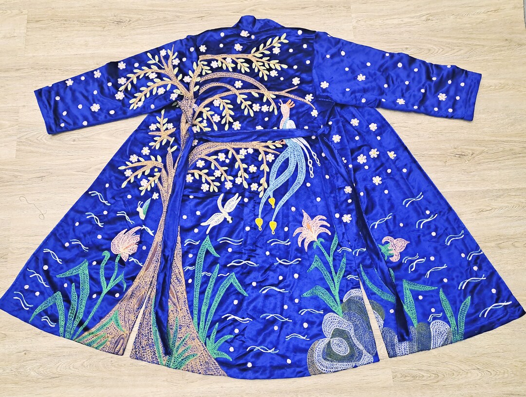 Blue Velvet Uzbek Robe With Night Garden Embroidery Coat - Etsy