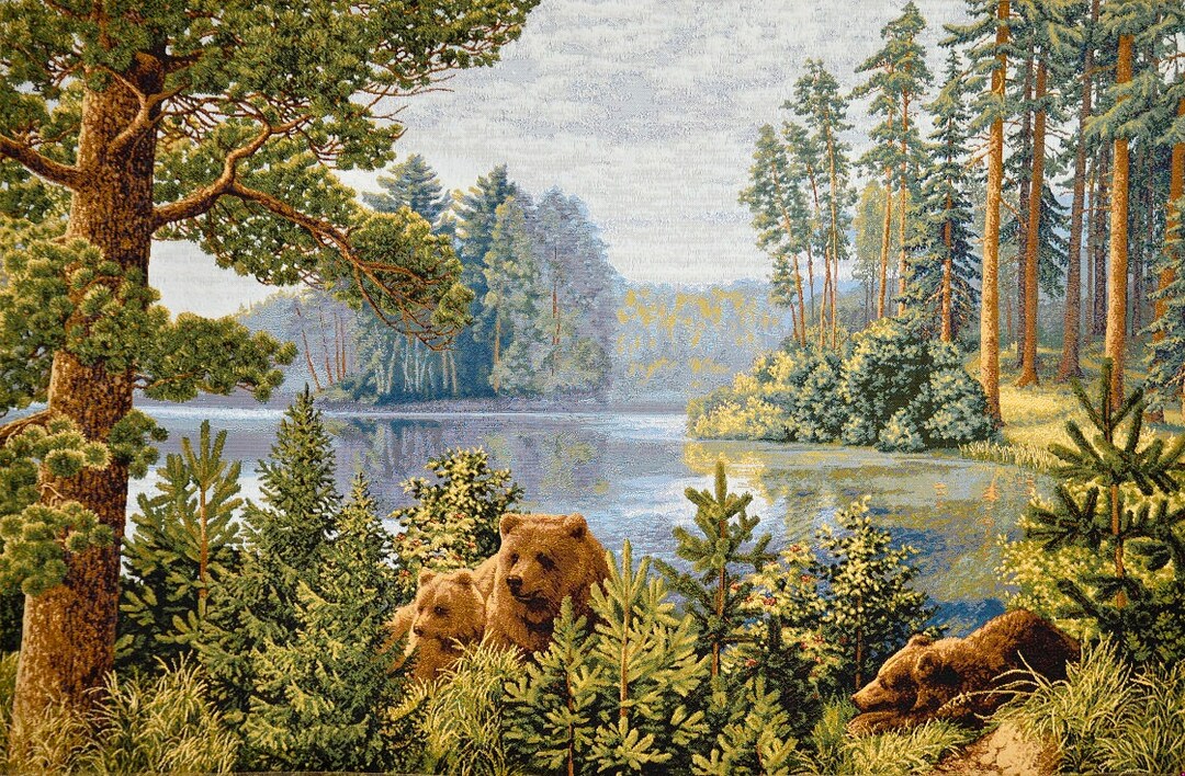 Bear Tapestry Bears in Pine Woods Forest Lake Landscape Scenery ...