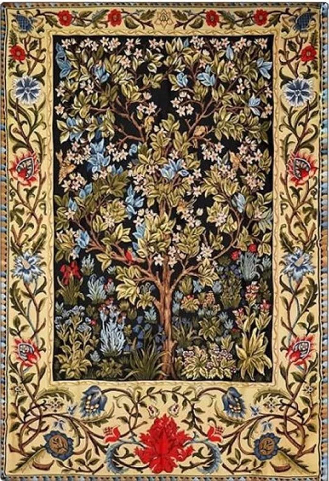 Tree of Life William Morris Tapestry Art Black Background Mille Fleur ...