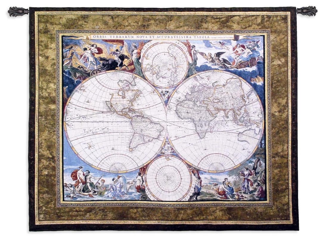 Old World Map Vintage Atlas With Beautiful Mythology Scenes Tapestry ...