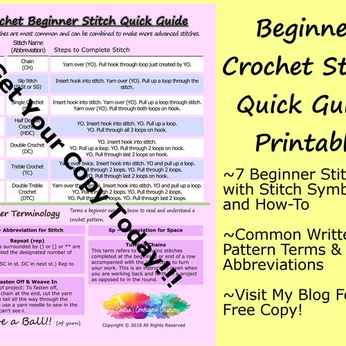 Beginner Crochet Stitch Printable Quick Guide - Etsy