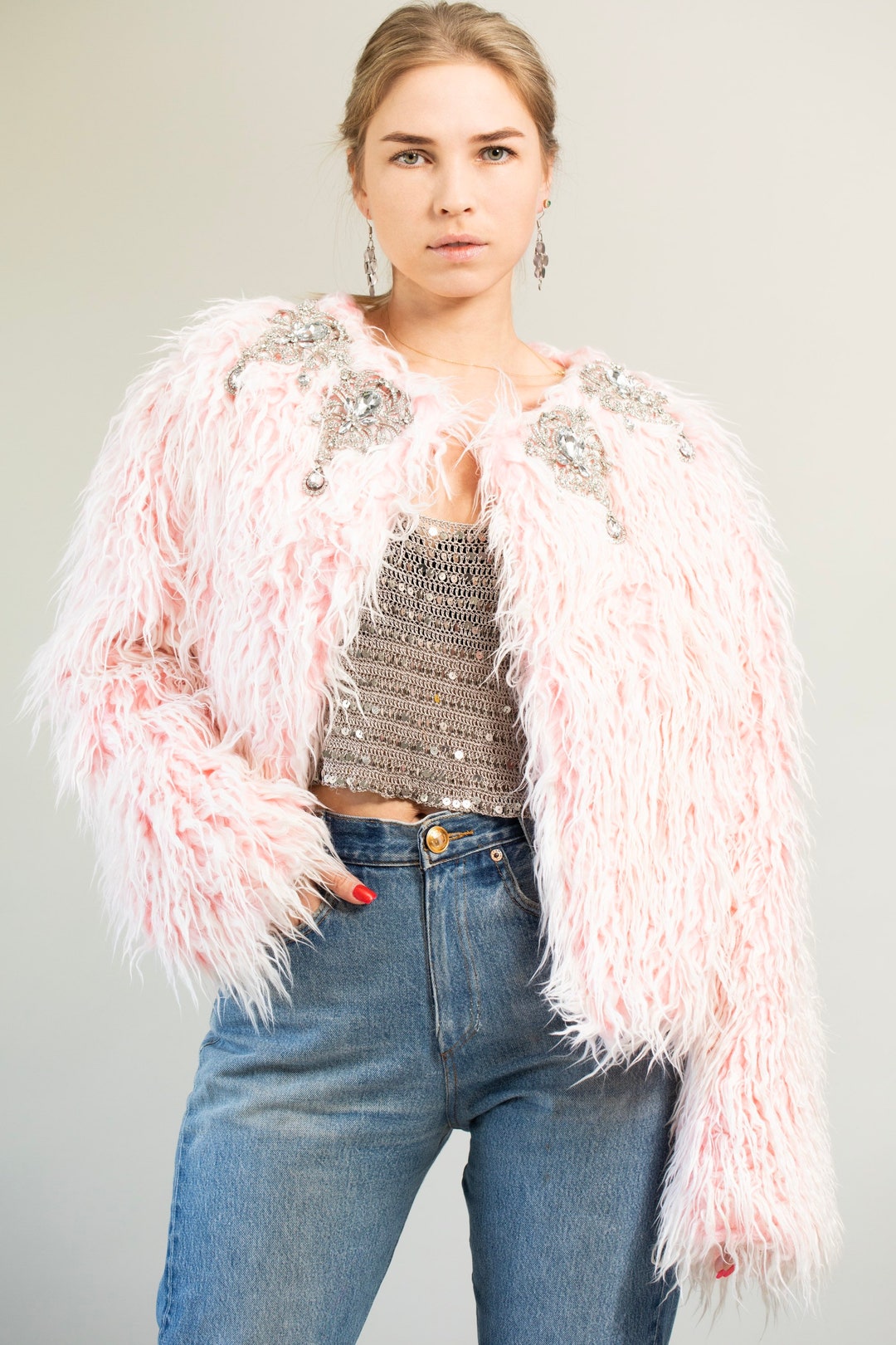Embroidered Faux Fur Jacket - Etsy
