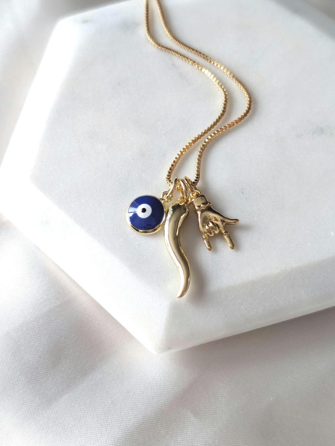 Gold Evil Eye Protection Charm Necklace, Italian Horn Cornicello ...