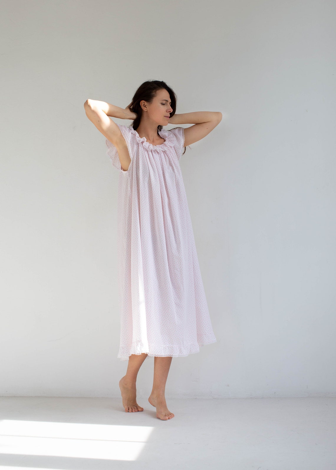 Cotton Voile Nightgown: Ruffled Neckline Natural Nightwear - Etsy