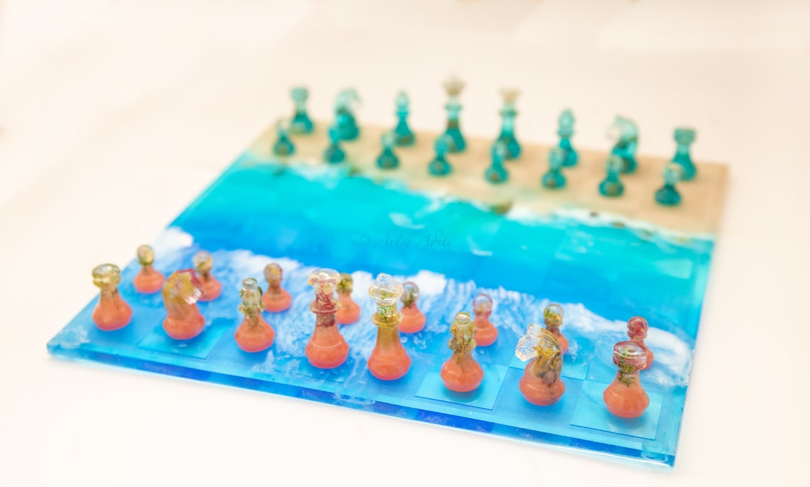Beach themed handmade Chess set with chess board 32 pieces | Etsy