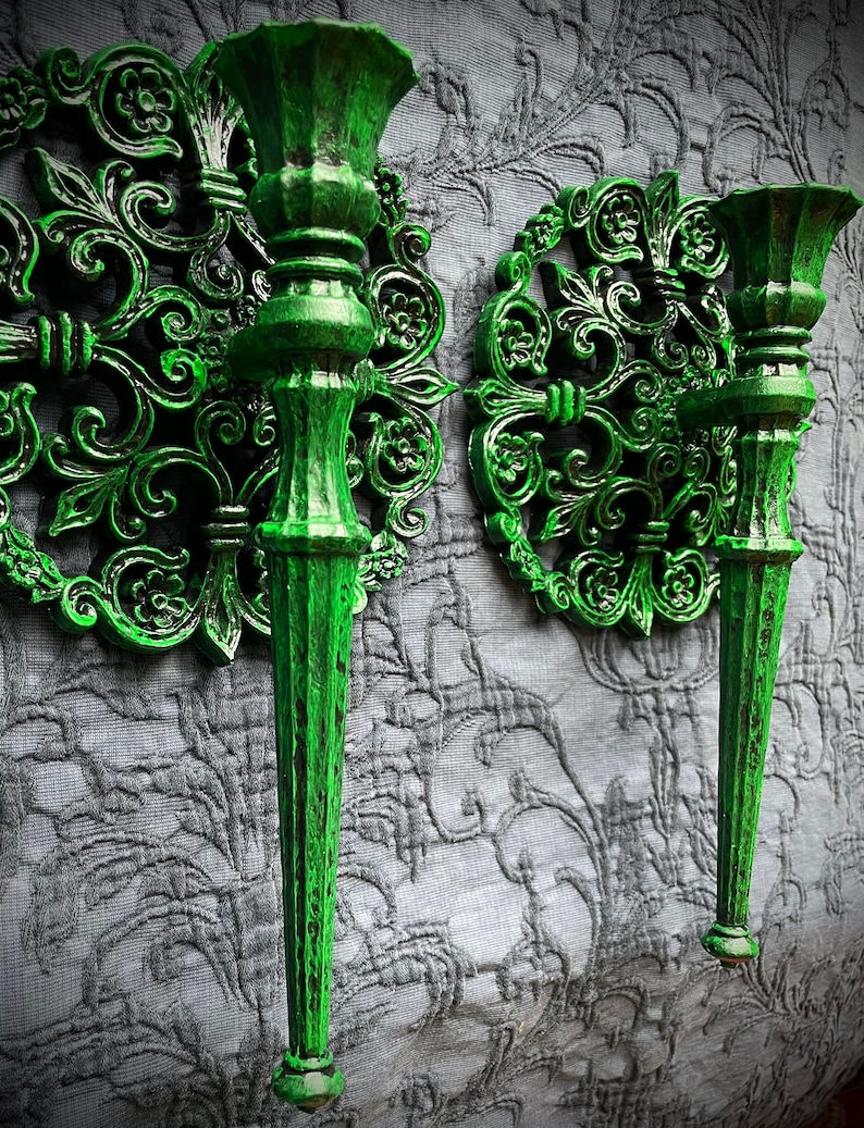 Vintage Homco Syroco Candle Holders: Green Gothic Wall Sconce Pair - Etsy