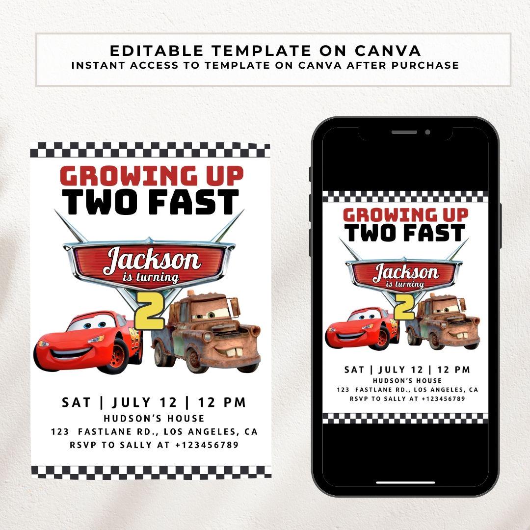 Two Fast Birthday Invitation: Cars 2nd Birthday, Editable Canva ...