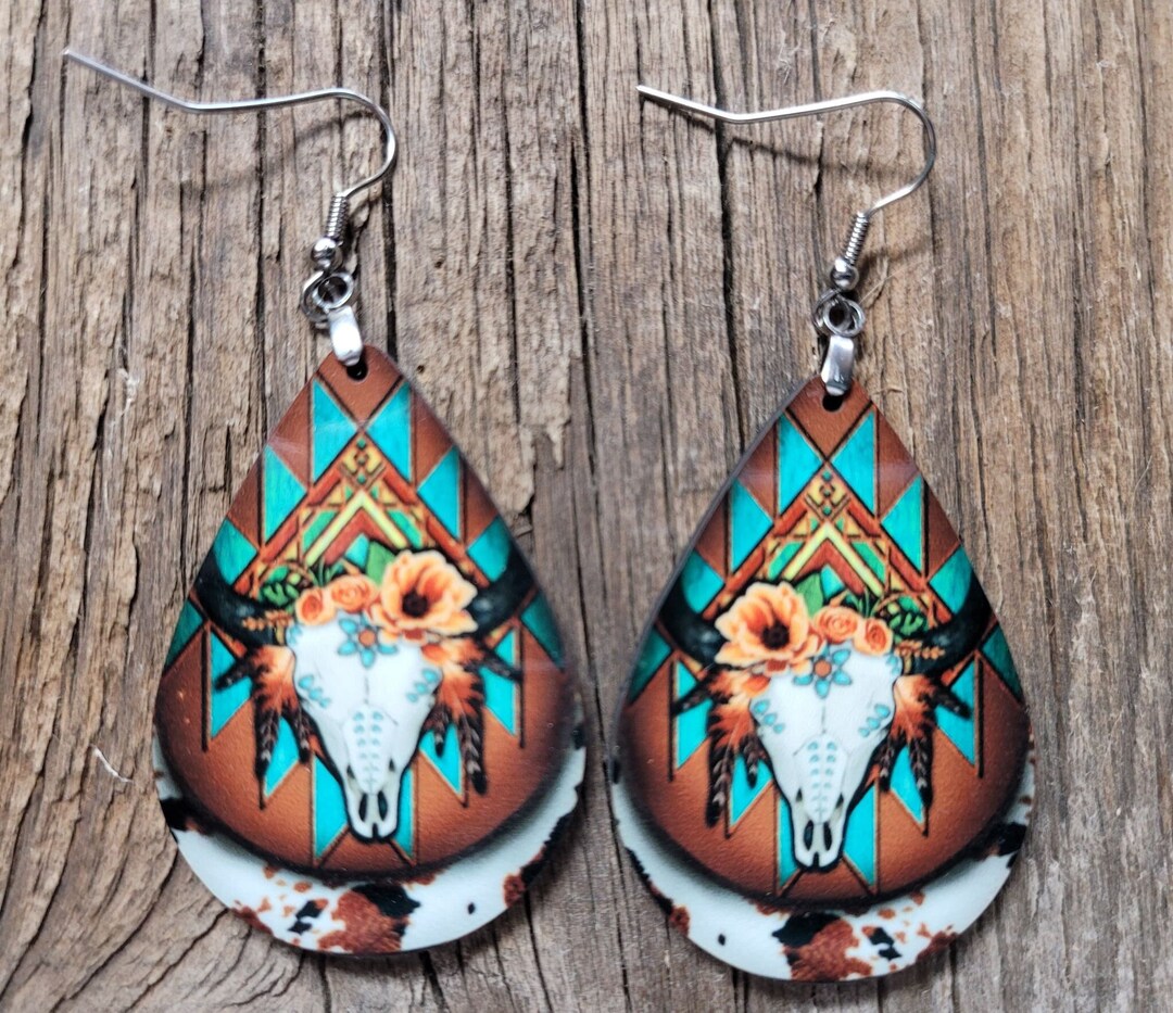 Steer Skull Teardrop Earrings, Rodeo Earrings, Rustic Earrings, Western ...