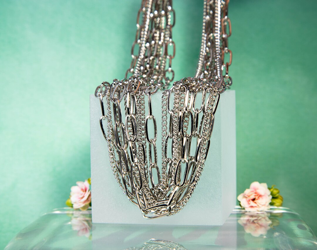 Silver Chain Necklace, Multi Layered Necklace, Chunky Statement ...