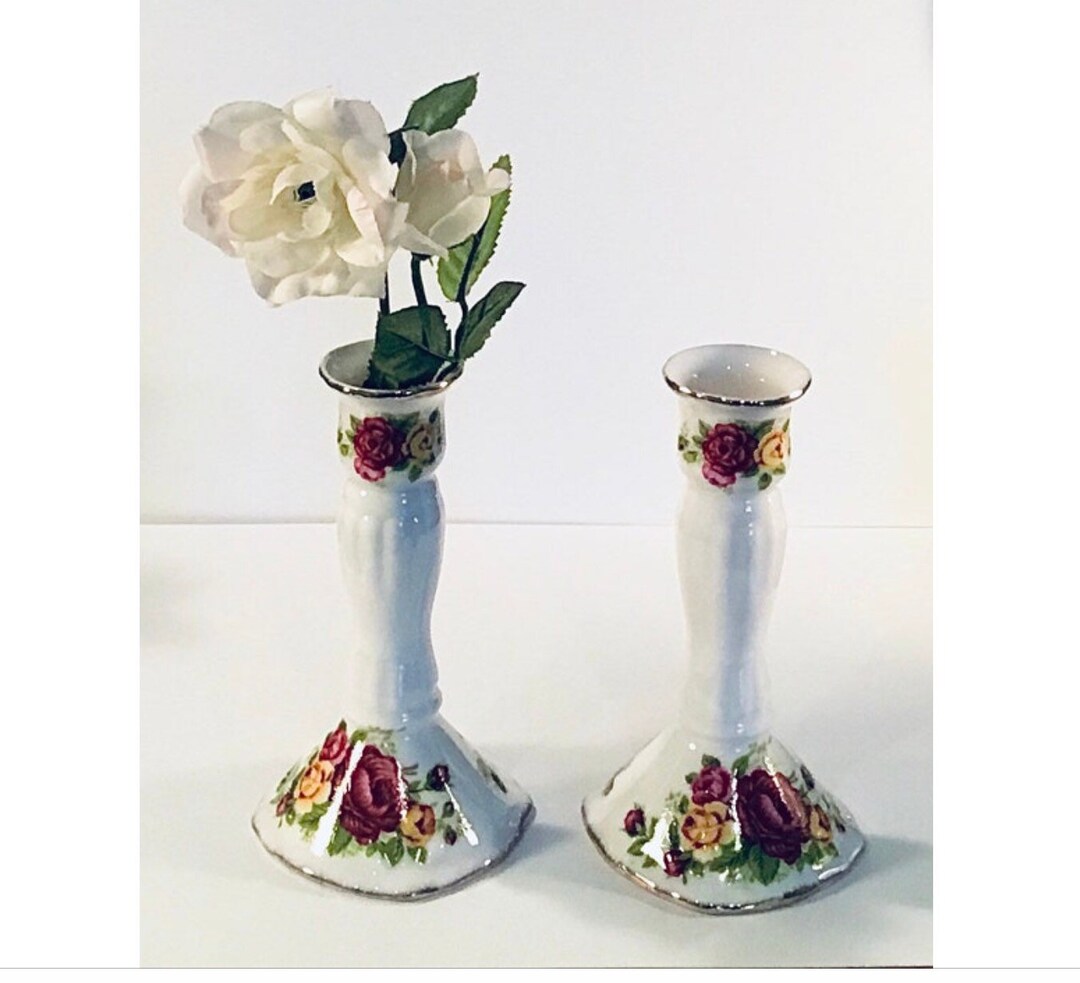 Vintage Pair of FINE BONE CHINA Cottage Rose Candlestick Holders/flower ...