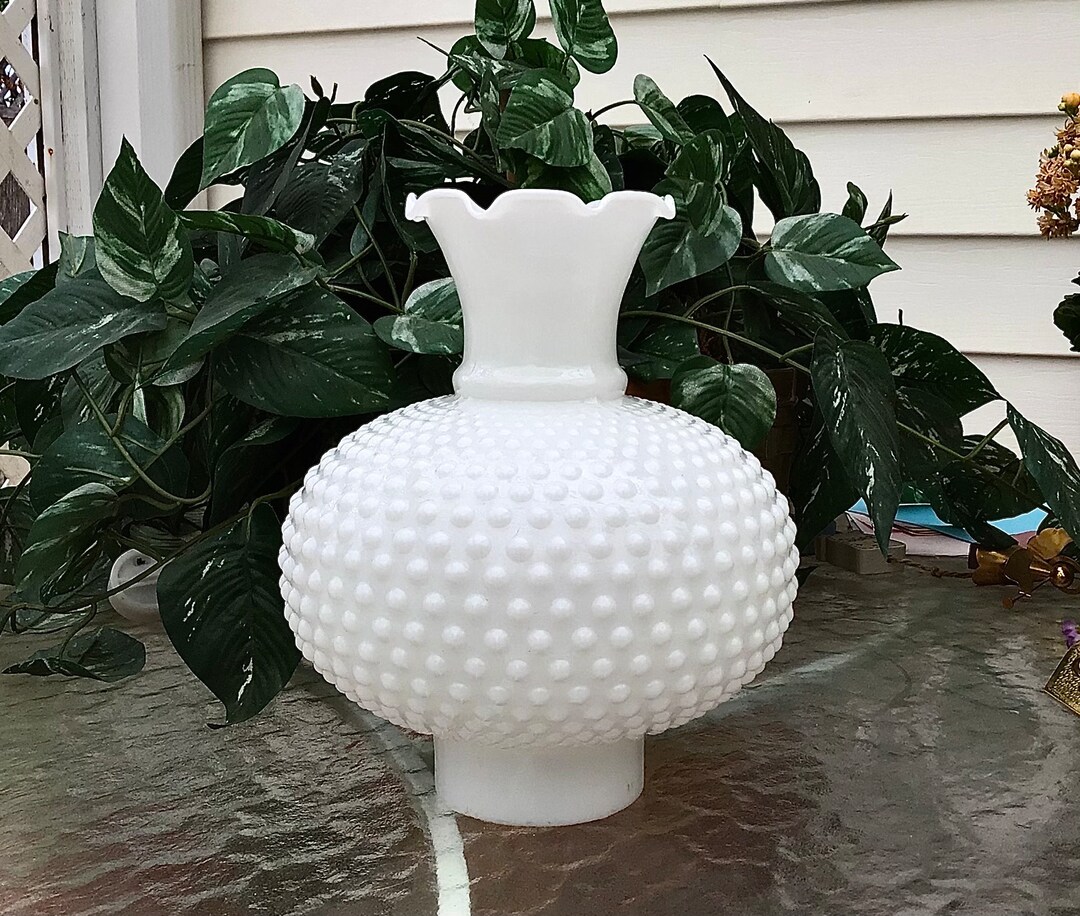 VINTAGE MILK GLASS? Hobnail-type Oil or Electric Lamp Shade With Ruffle ...