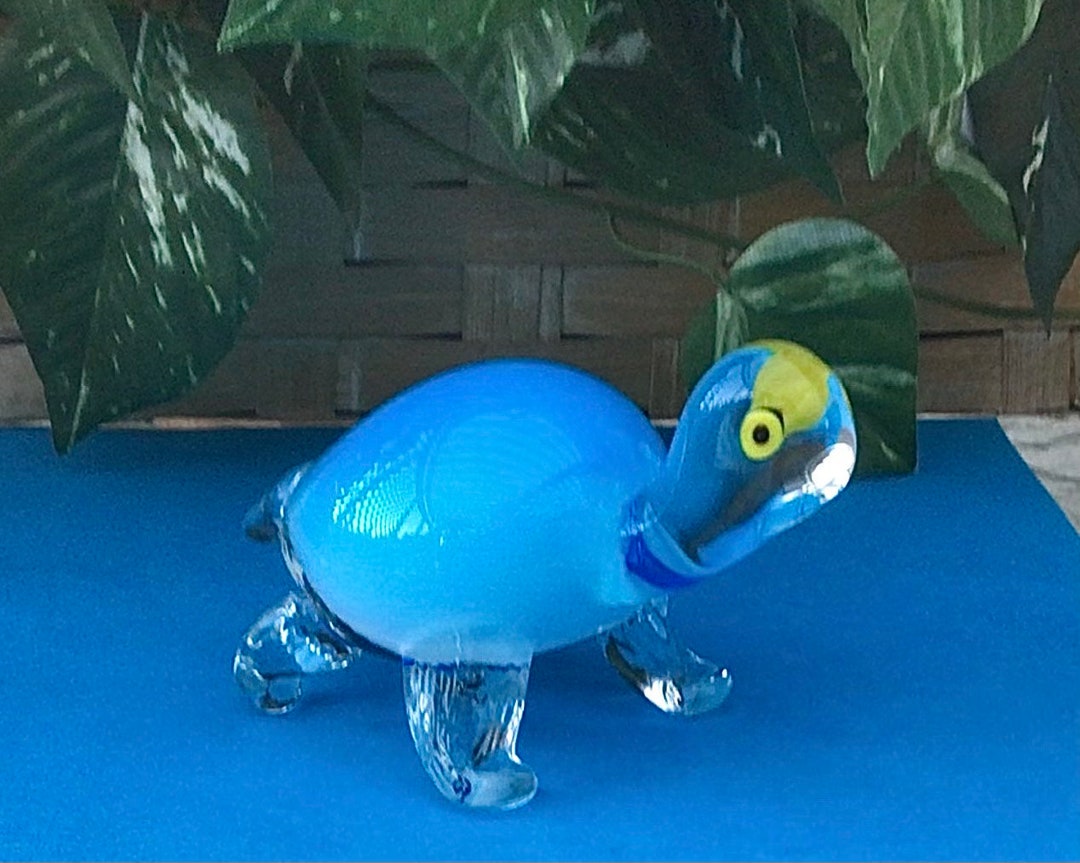 Collectible Art Deco Hand-blown Glass Turtle in Clear, Blue and White ...