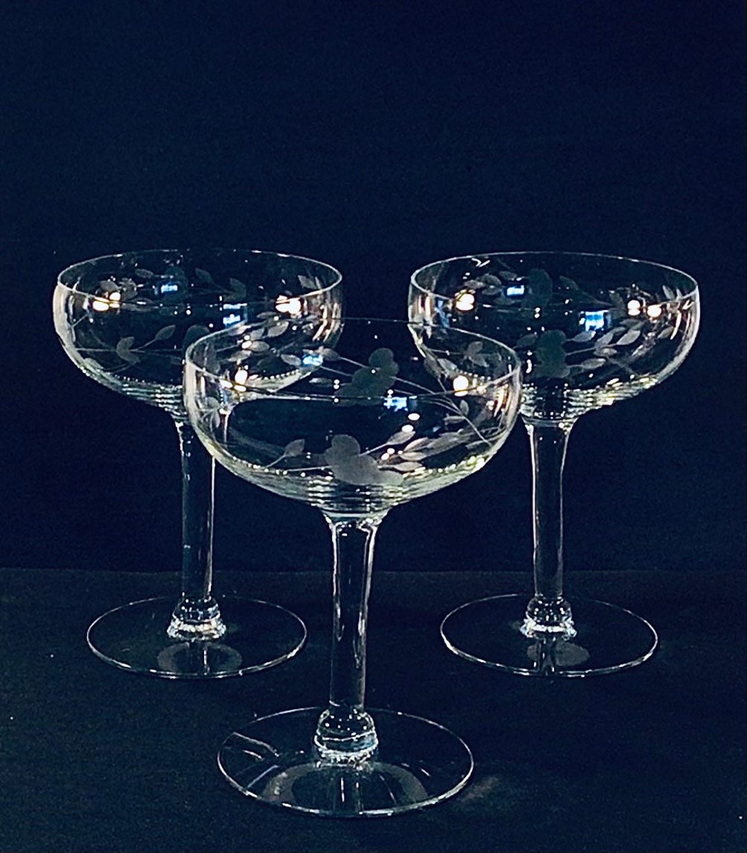 Trio of PRINCESS HOUSE Crystal Heritage Pattern Champagne Glasses Stems ...