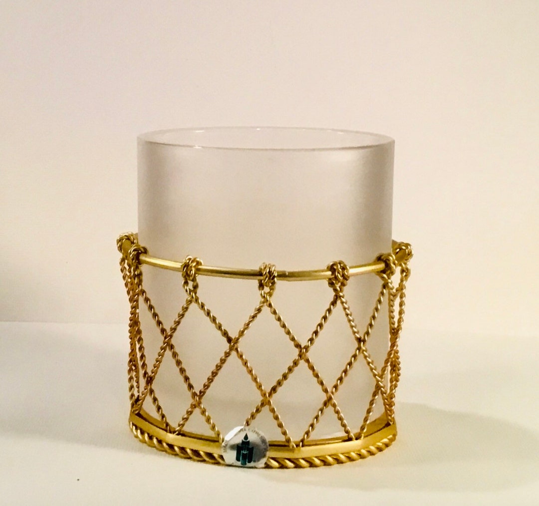 Vintage PARTYLITE CALISTA Oval Frosted Glass and Brass Woven Basket ...